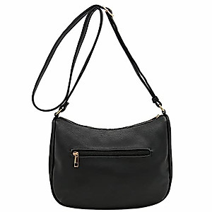FashionPuzzle Faux Leather Two Front Zipper Pocket Crossbody Saddle Bag (Black) One Size