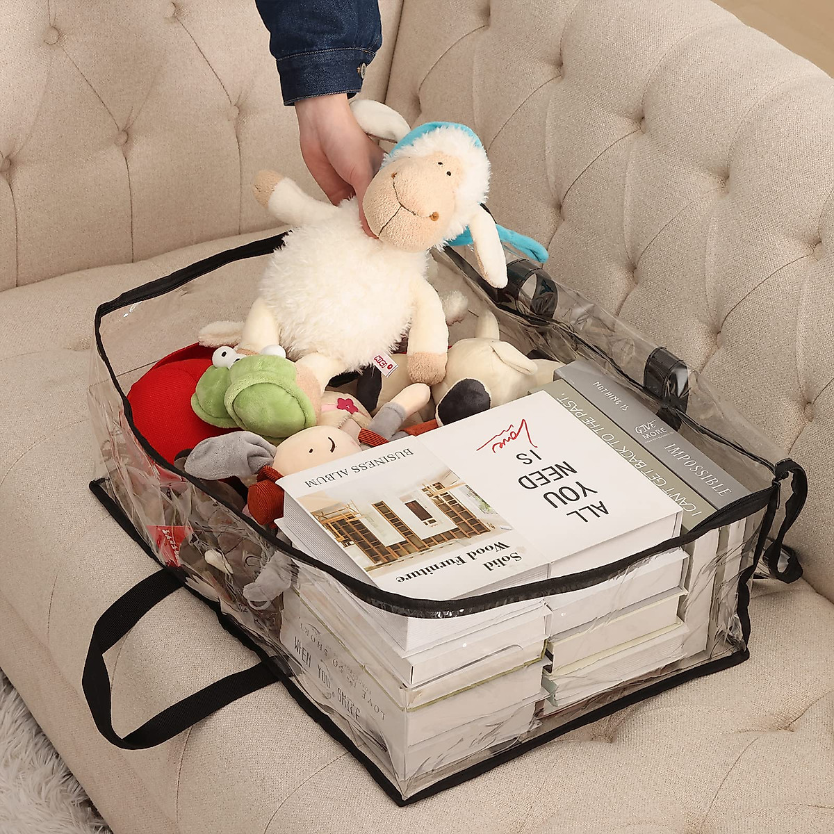 Fixwal 4 Pack Clear Clothes Storage Bags Organizer, 60L Moving Storage Totes with Sturdy Zipper, Bedding Storage Containers with Reinforced Handles for Blankets Comforter Space Saver(Black)