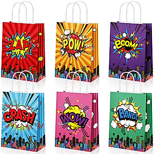 Pajean 18 Pcs Hero Party Favors Bags Comic Hero Kraft Paper Bags Goodie Candy Treat Gift Bags with Handle Boom Hero Theme Birthday Decorations Supplies