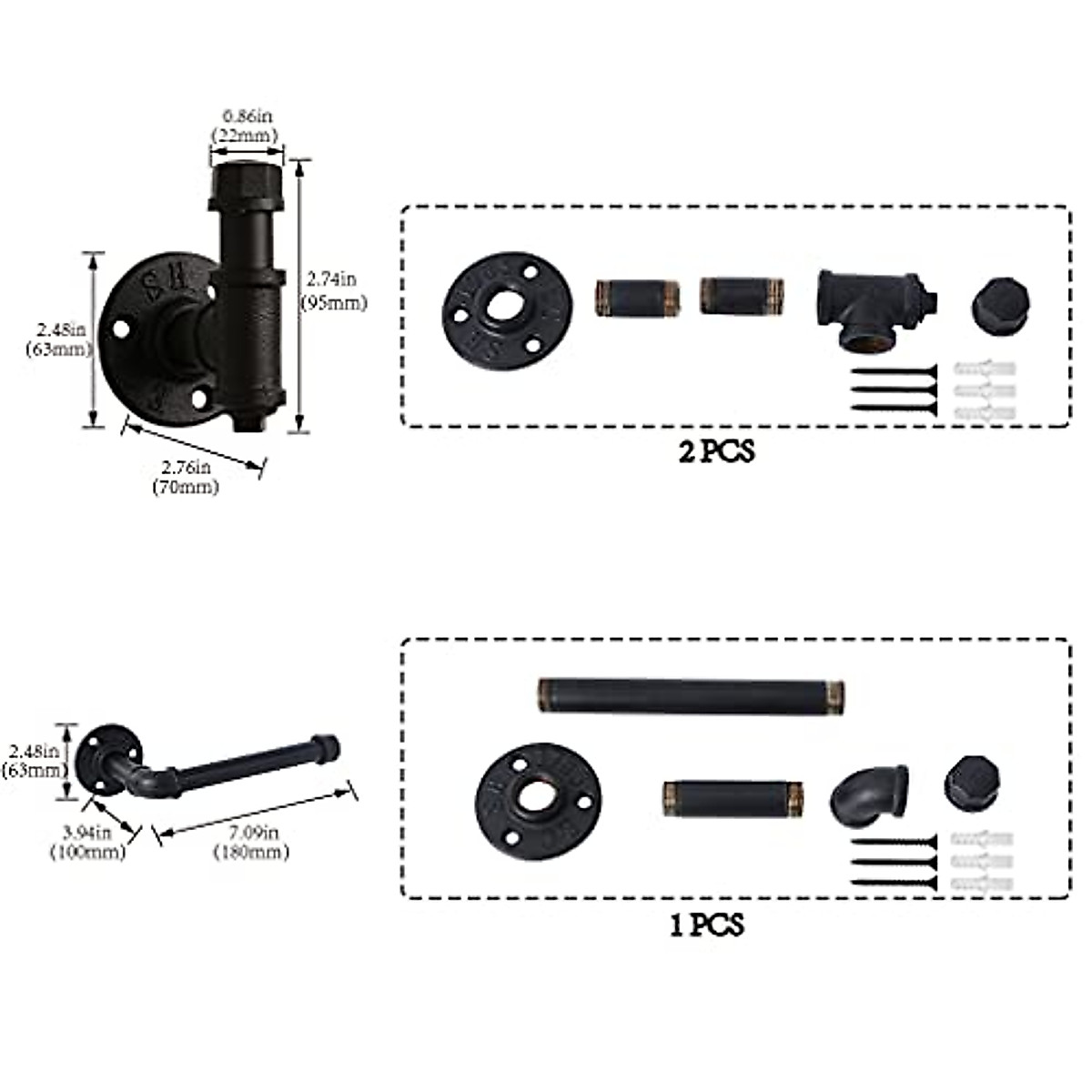 3 Pack Industrial Pipe Bathroom Hardware Accessories Set, Include 2 Robe Coat Towel Hook and 1 Toilet Paper Holder for Hanging. 1/2" inch Threaded Wall Mounted Rustic Decor Accessories Kit (Black)