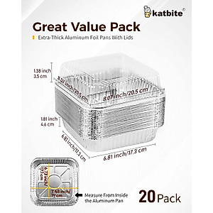 katbite Heavy Duty 8x8 Aluminum Pans with Clear Lids - 20-Pack, Premium Disposable Rectangular Baking Pans, Ideal for Air fryer, Cooking, Heating, Cake Storing & Food Preparation, Prepping Food