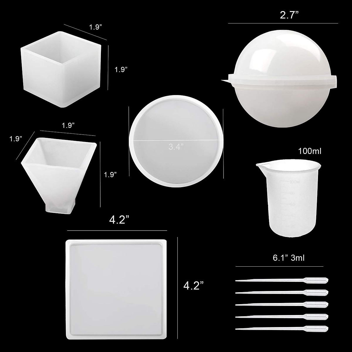 Silicone Resin Molds 5Pcs Resin Casting Molds Including Sphere, Cube, Pyramid, Square, Round with 1 Measuring Cup & 5 Plastic Transfer Pipettes for Resin Epoxy, Candle Wax, Soap, Bowl Mat etc