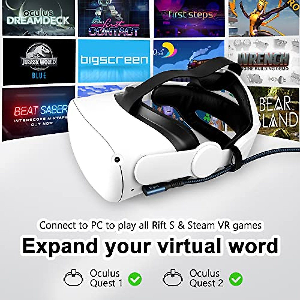 Kuject Link Cable 20FT Compatible for Quest 2/1/Pico 4, Nylon Braided Long Cable Accessories for Rift S/Steam VR Games, USB 3.0 Type C to C High Speed Data Transfer Charging Cord for Gaming PC