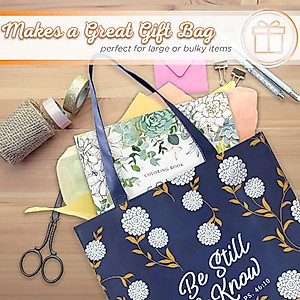 Christian Art Gifts Reusable Shopping Tote Bag for Women: Be Still & Know - Psalm 46:10 Inspirational Bible Verse, Easy-hold Collapsible Handbag for Groceries & Books, Spring White Floral, Navy Blue