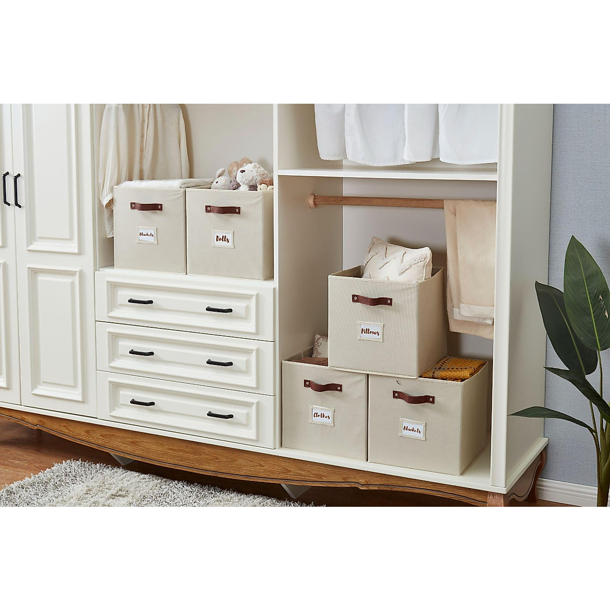 DECOMOMO Storage Bins | Cube Storage Bin with Label Holders, Fabric Storage Cubes for Organizing Shelves Closet Toy Clothes (10.5" x 11" / 6pcs, Beige)