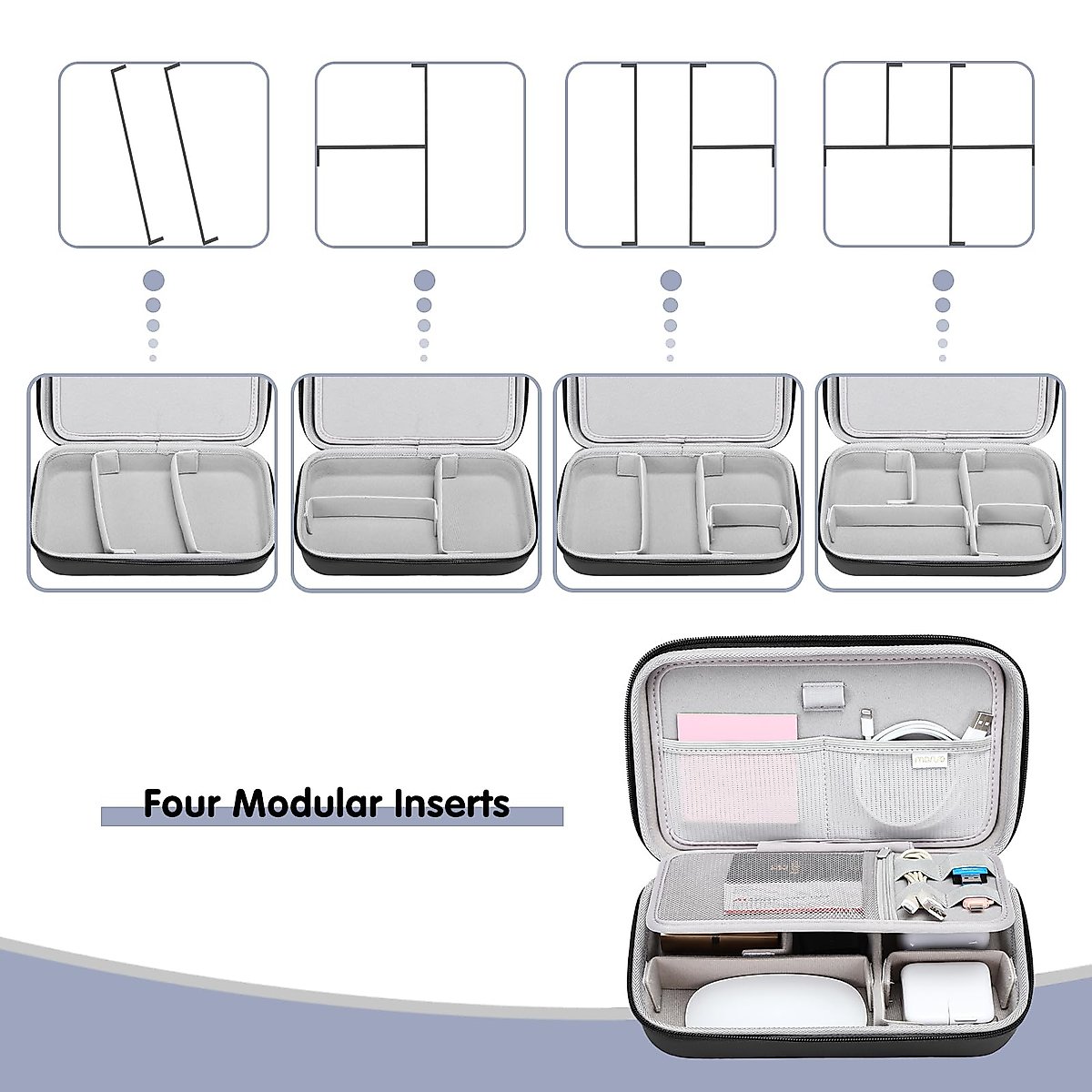 MOSISO Electronic Organizer Travel Case Compatible with MacBook Power Adapter, Compatible with Magic Mouse & Pencil, SD Card, USB Flash Disk with 4 Modular Insert & 2 Cable Tie & Snap Hook, Black