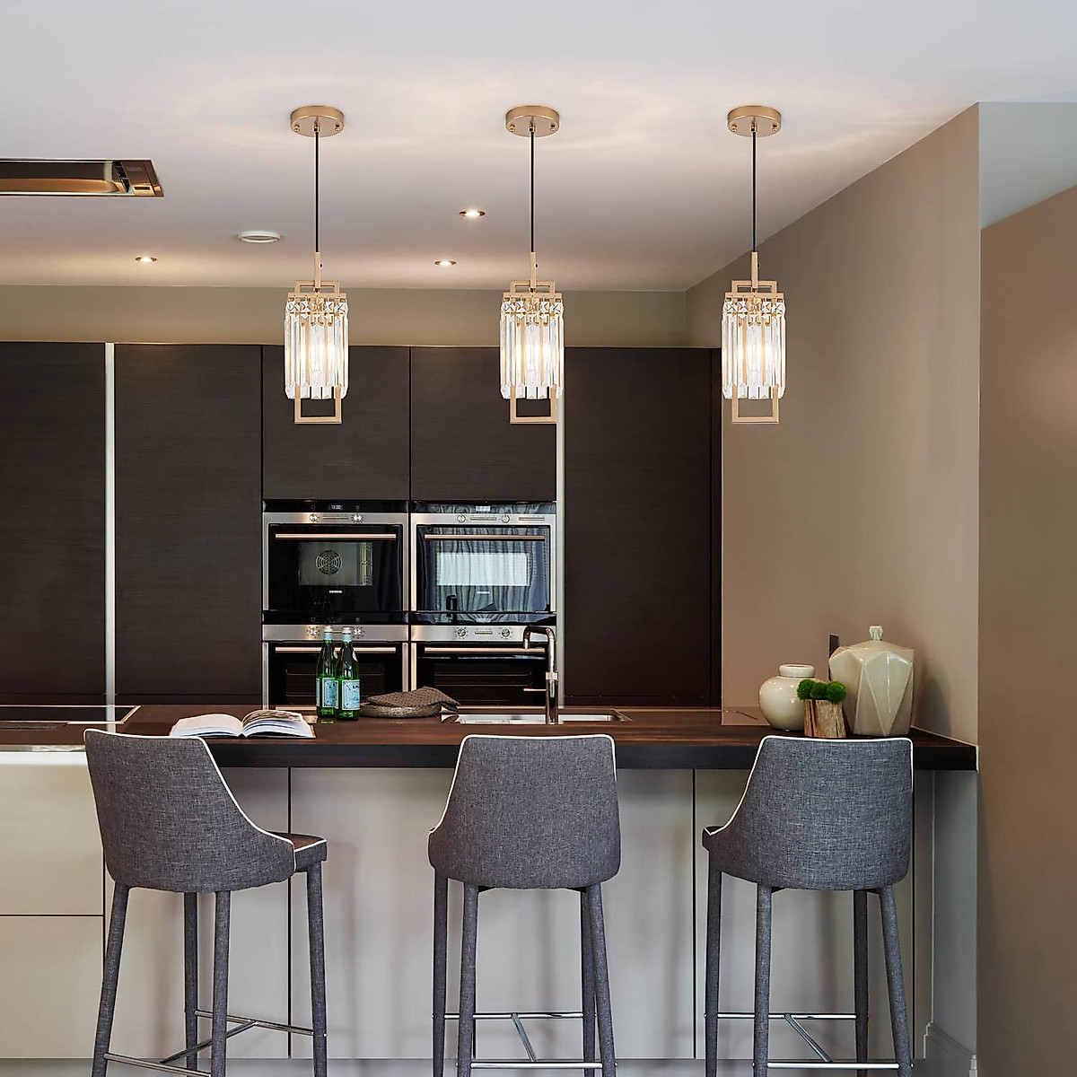 lighceac Modern Gold Pendant Light Fixtures for Kitchen Island and Dining Room, Industrial Small Hanging Crystal Chandelier Light Fixture for Bedroom Entryway Living Room Foyer Hallway 3-Pack