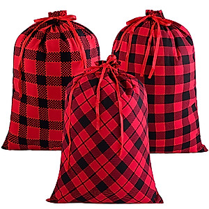 Aneco 3 Pack Christmas Cotton Buffalo Plaid Xmas Bags 23 by 17.5 Inches Large Size Drawstring Bag Stocking Storage Sack Present Party Favors Bags
