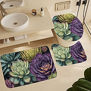 Habilboi Bathroom Rugs Sets 3 Piece with Toilet Cover, Bath Mats for Bathroom Non Slip, U-Shaped Contour Toilet Mat Succulent Patterns 20x32inch Bath Mats for Bathroom Floor