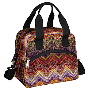 Zigzag Texture Lunch Bag for Women Men Girls Boys Waterproof Insulated Lunch Box Portable Leakproof Adjustable Shoulder Strap Reusable Animal Skin Texture Lunch Tote Bag for Office School Beach Hiking