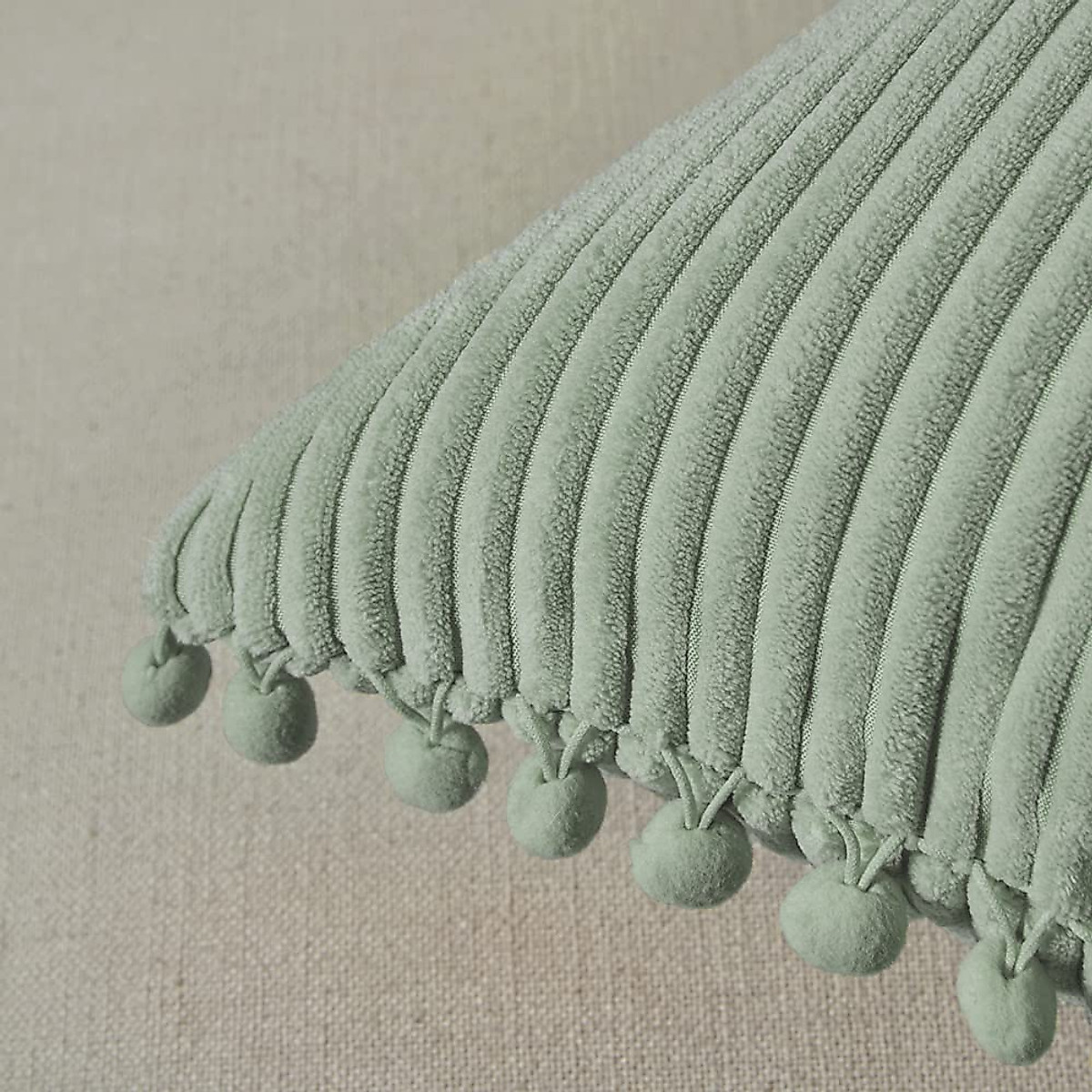 Fancy Homi Pack of 2 Sage Green Lumbar Decorative Throw Pillow Covers with Pom-poms, Soft Corduroy Solid Rectangle Cushion Cases Set for Couch Sofa Bedroom Car Living Room (12x20 Inch/30x50 cm)