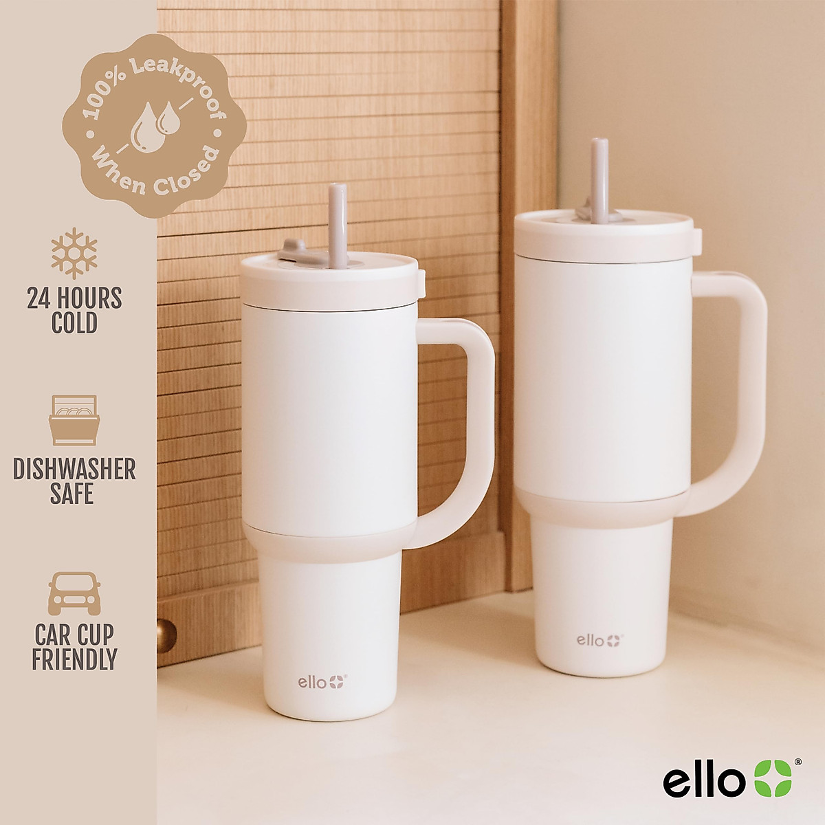 Ello Oasis 30 oz Tumbler with Handle & Retracting Straw | Reusable Insulated Stainless Steel Cup 100% Leakproof, Gifts for Teens Women Men | Keeps cold for 20 Hours, Cup Holder Friendly, Cream Tonal