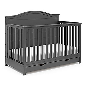 Storkcraft Moss 5-in-1 Convertible Crib with Drawer (Gray) – GREENGUARD Gold Certified, Crib with Drawer Combo, Includes Full-Size Nursery Storage Drawer, Converts to Toddler Bed and Full-Size Bed