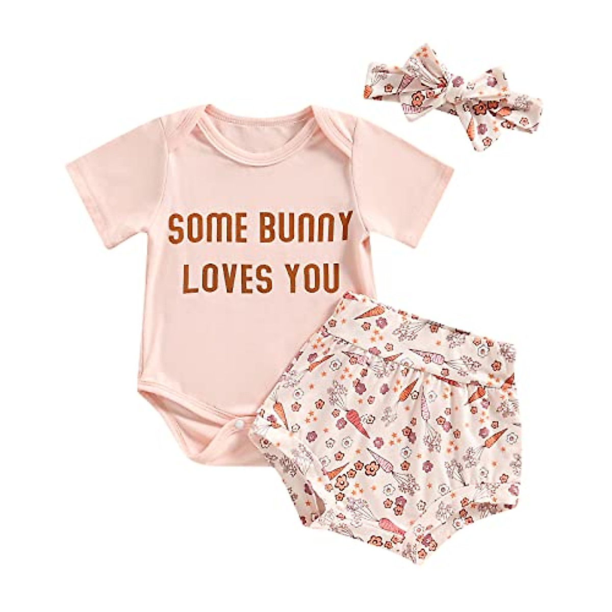 Easter Baby Girl Outfit - Some Bunny Loves You Short Sleeve Romper Bodysuit Carrot Short Baby Girl Easter Outfits (Pink# Bunny Love, 0-6 Months)