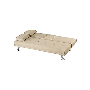 67" Leather Multifunctional Double Convertible Folding Futon Sofa Bed, Adjustable Couch Sleeper Modern for Office with 2 Cupholders, Removable Armrests (Beige)