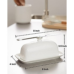 Getstar Butter Dish, Ceramic Butter Dish with Lid and Stainless Steel Knife for Countertop, Fit both West East Coast Butter, with Magnet to Attract Knife