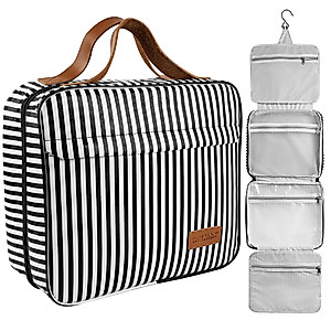 WDLHQC Hanging Travel Toiletry Bag with Hook | Water Proof Zip Bag with 4 Compartments + 2 Outer Zip Pockets | Cosmetic Travel Bag for Toiletries | Travel Essentials for Women & Men (Black Stripe)