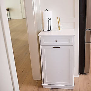 Trash Bin Cabinet | Tilt Out Dog Proof Trash Can Holder Kitchen Recycling Cabinet with Hideaway Drawer add Countertop Space (White) 35.5” H x 13.5” D x 20” W