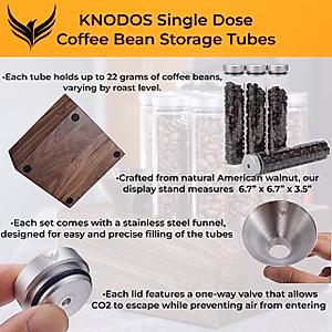 KNODOS Single Dose Coffee Bean Storage Tubes 12 pcs Glass Espresso Dosing Vials with One-Way Exhaust Valve Lids, Walnut Stand & Stainless Steel Funnel Coffee Bean Cellar
