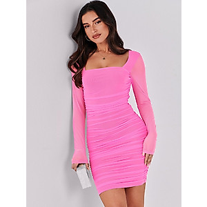 ANRABESS Women's Square Neck Mesh Ruched Bodycon Mini Dress Puff Long Sleeve Sexy Cocktail Party Short Dresses 2024 Medium Hot Pink