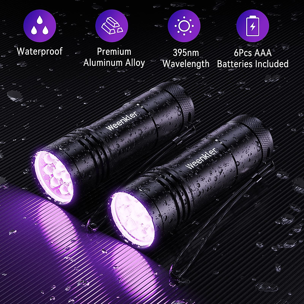 kizplays UV Flashlights, 2 Pack Black Light Flashlights with 12 LED and 395 nm Black Light for Pet Urine and House Stains Detecting, 6 AAA Batteries Included