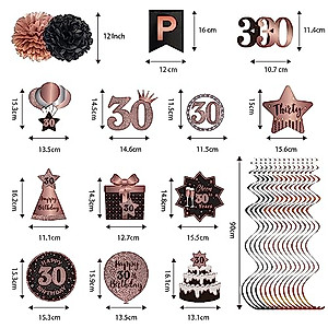 BRT Bearingshui Happy 30th Birthday Hanging Swirls Streamers Decoration Set, Happy Birthday Banner with Tissue Pompoms, Rose Gold and Black 30 Years Old Birthday Party Hanging Backdrop Decorations