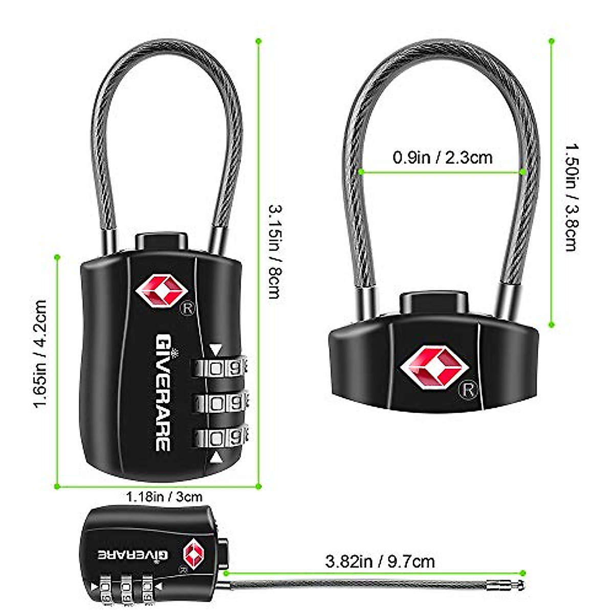 GIVERARE 2 PCS TSA Approved Luggage Locks, Combination Travel Cable Lock, Re-settable 3-Digit Padlocks with Alloy Body, Keyless Travel Sentry Accepted Padlock for Gym Locker, Golf Bag Case-Black