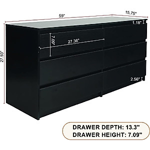 Angel Sar 59'' Dresser for Bedroom, Modern Black 6 Drawer Dresser, Long Dresser with Spacious Tabletop, Smooth Slides, Handlefree Design & Sturdy Base, Double Drawer Dresser for Closet