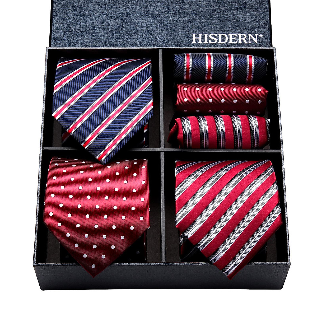 HISDERN Mens Ties Extra Long Ties for Men Big and Tall Red Striped Necktie and Pocket Square Set 63 Inch XL Silk Neckties Collection Handkerchief