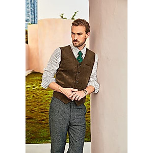 PJ PAUL JONES Mens 1940s Button Down Vests Solid Retro Slim Fit Waistcoat Brown L