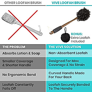 Loofah Back Scrubber by Vive - Long Handled Exfoliating Bath & Shower Body Brush Luffa Sponge On a Stick w/String for Hook - Men & Women (Loofah Brush Dark Wood)