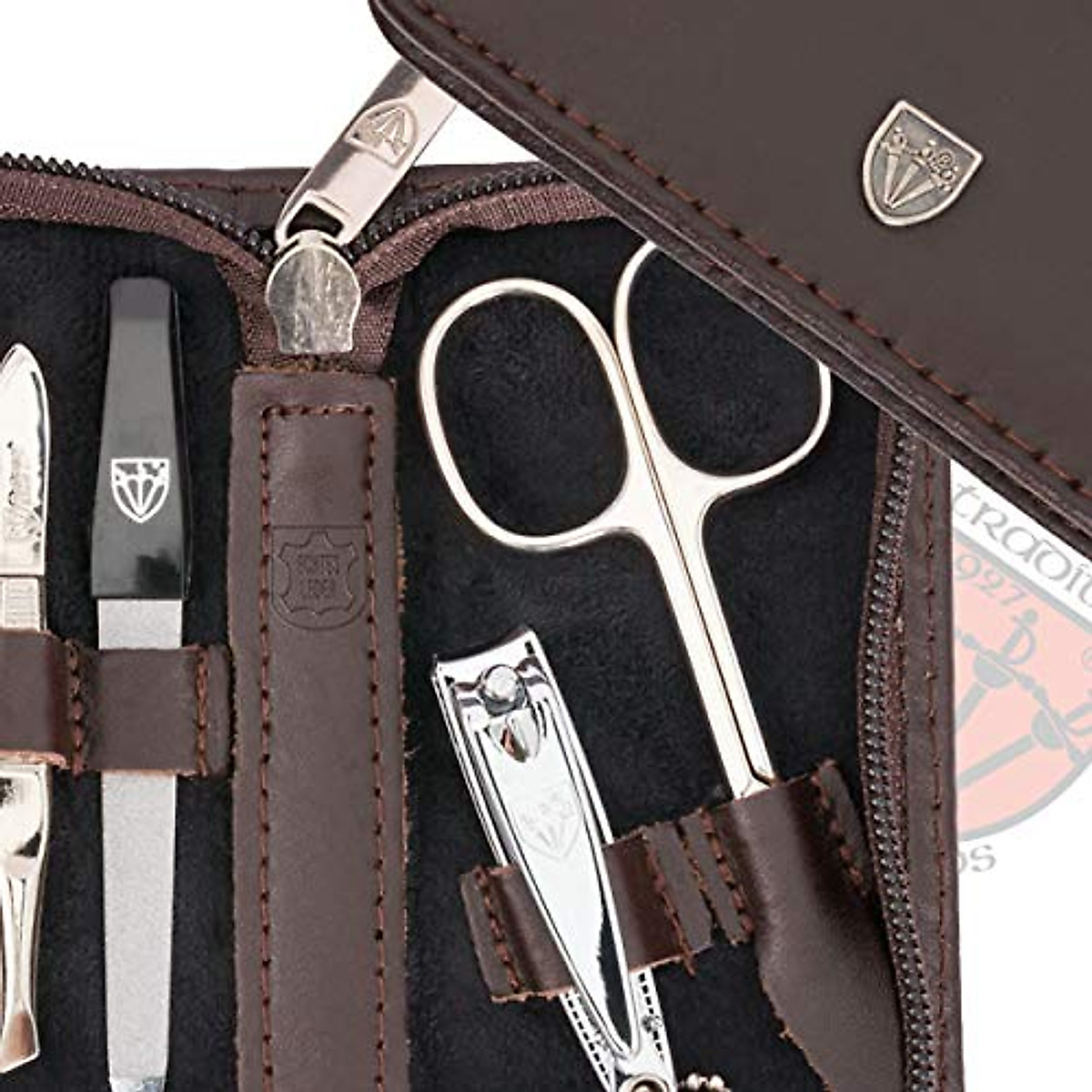 3 Swords Germany - brand quality 5 piece manicure pedicure grooming kit set for professional finger & toe nail care scissors clipper genuine leather case in gift box, Made in Solingen Germany (03638)
