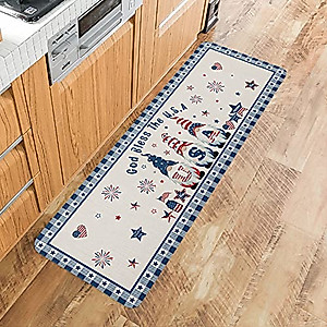 Cushioned AntiFatigue Kitchen Mats and Rugs,4th-of-July Gnomes Absorbent Floor Bath Door Mat,Doormat Accent Runner Carpet Washable Indoor Comfort Standing Mat Independence Day Red Blue Stars Burlap