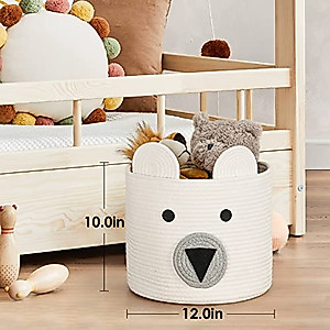 CherryNow Bear Basket, Cotton Rope Basket, Woven Laundry Hamper, Toy Storage Bin for Kids, Clothes in Bedroom, Baby Nursery & Living Room, 10'' (H) x 12'' (D)