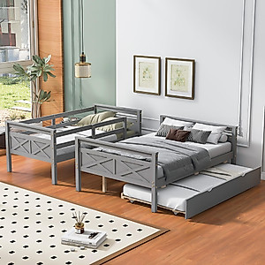 Merax Twin Over Full Bunk Bed with Trundle, Ladder & Safety Guardrail, Wooden Bunk Bed Frame for Kids Adults Teens Bedroom, Convertible to 2 Separated Beds, No Box Spring Needed, Easy Assembly, Grey