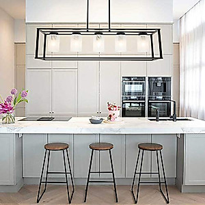VINLUZ 5 Light Kitchen Island Chandeliers Farmhouse Black Linear Dining Rooms Lighting Fixtures Hanging with White Alabaster Glass Shade Rectangle Modern Industrial Pendant Ceiling Lights