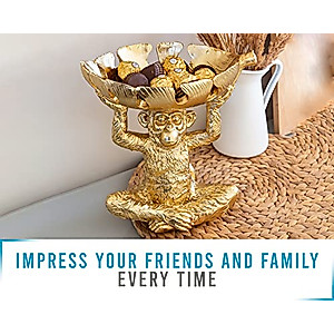 Adorable “Monkey” Candy Tray Made of Resin – Monkey Sculpture w/Split Leaf Dish for Snacks, Nuts, Candies & More – Decorative Holder w/Golden Finish for Keys or Jewelry – Ornament for Modern Decor
