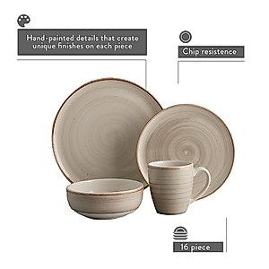 Corona Dinnerware Set 16– piece, Plates Bowls and Mugs Set, Ceramic Sets for 4, Microwave and Dishwasher Safe, Gray Caoba Hand-Painted Design