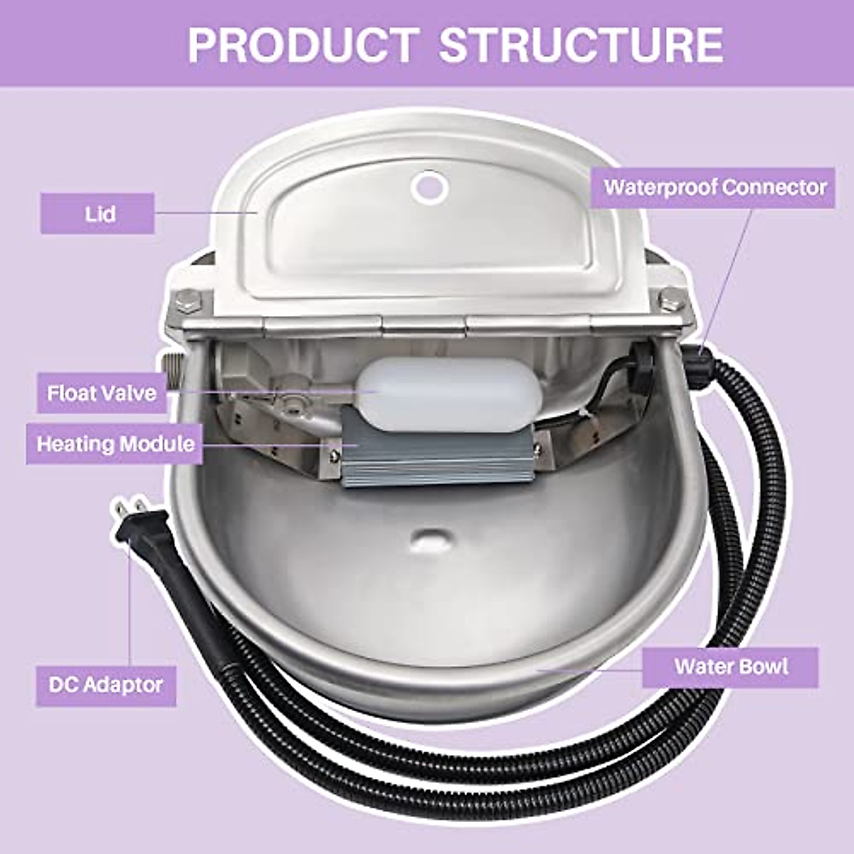 PAULOZYN Heated Automatic Animal Drinking Water Bowl, Heated Livestock Waterer, 304 Stainless Steel Livestock Water Trough Dispenser with Float Ball Valves, for Chicken Horse Cattle Cow Goat Pig