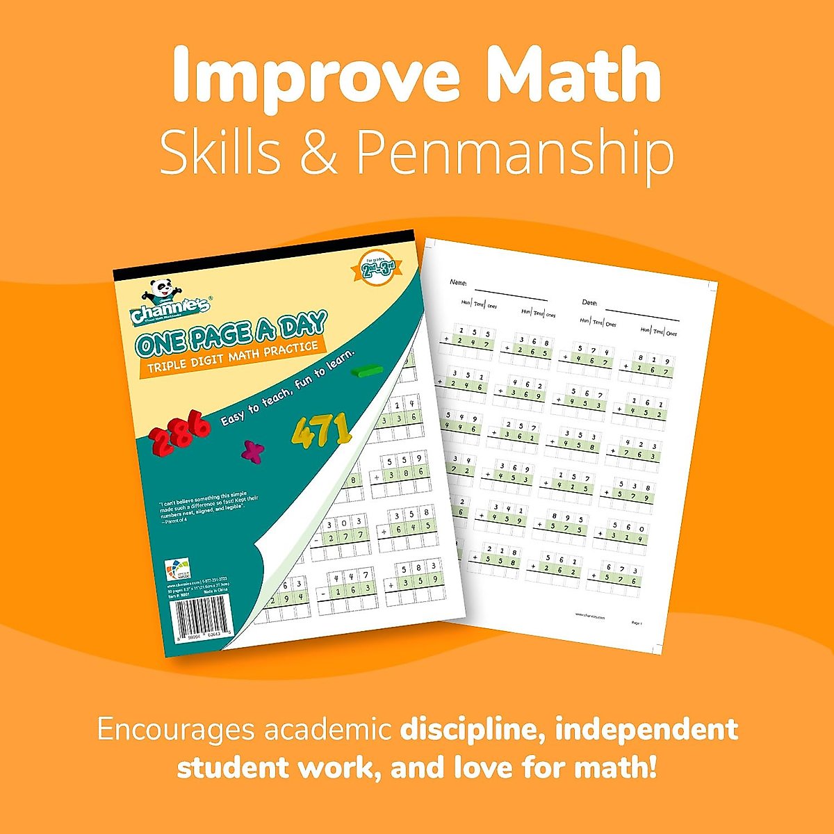 Channie's One Page A Day Math Workbook, Triple Digit Math Practice Worksheets, 50 Pages Front and Back, 25 Sheets, Grades 2nd and 3rd, Addition and Subtraction workbook , Size 8.5” x 11”