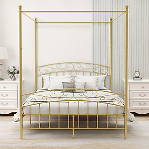 AUFANK Queen Size Canopy Bed Frame Four-Poster Metal Platform Bed with Headboard and Footboard Sturdy Heavy Duty Steel Slat Support No Box Spring Needed Gold