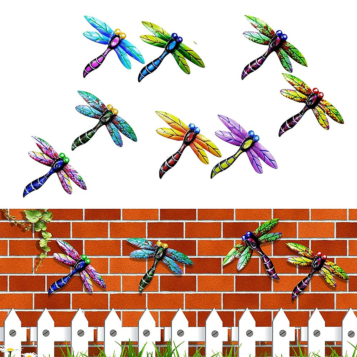 8Pcs Metal Dragonfly Insect Wall Decor - Wall Sculpture Hanging Dragonfly Metal Wall Art Garden Decor for Porch Yard, Living Room - Indoor Outdoor Gift Wall Sculptures Art