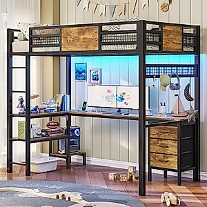 ADORNEVE Loft Bed Twin Size with L-Shaped Desk, LED Lights,Charging Station, Twin Metal Loft Bed Frame with Fabric Drawers & Shelve, 13.4" H Safety Guardrail, No Box Spring Needed, Black