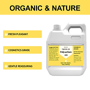 12 oz Polysorbate 20 Emulsifier, Premium Polysorbate 20 (TWEEN 20) Liquid, 100% Pure, Cosmetics Grade, Gentle on Skin, Suitable for Making Lotions, Shampoos, Body Washes, Makeup Removers and More