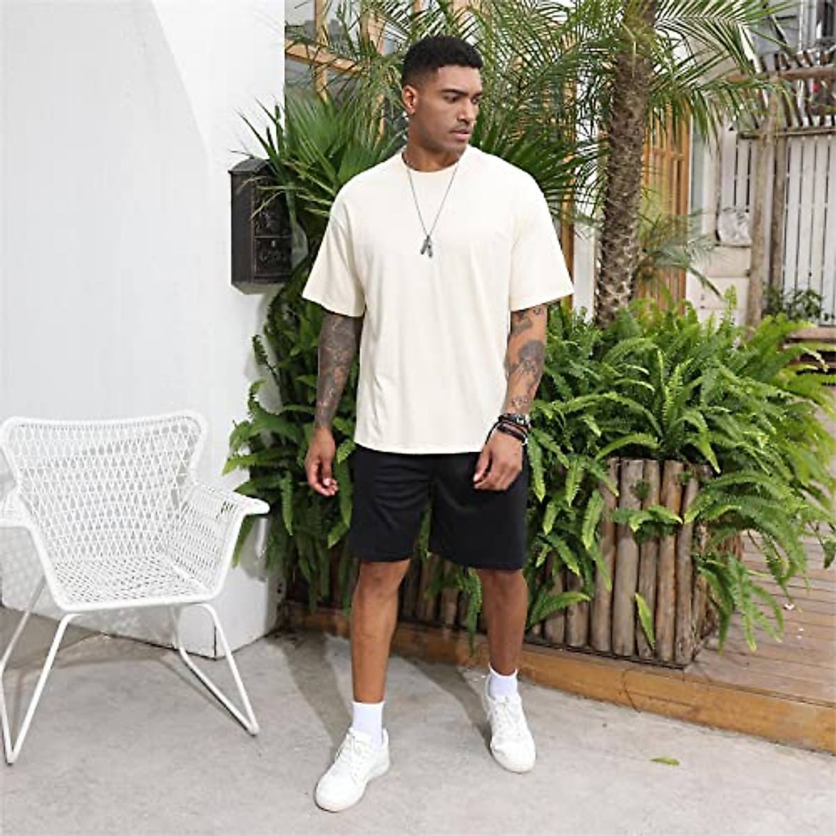 Men's Fashion Loose Fit Crewneck Solid T-Shirt Athletic Lightweight Short Sleeve Gym Workout Tops Beige