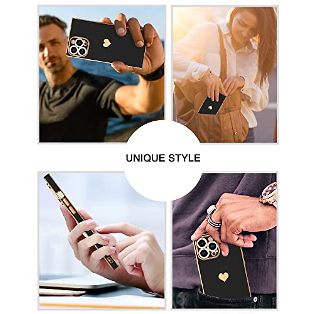 BENTOBEN Square iPhone 13 Pro Max Case, Cute Heart Luxury Plated Full Camera Lens Protection, Reinforced Corner TPU Cushion Shockproof Edge Bumper Women Men Phone Cover for 13 Pro Max 6.7", Black/Gold