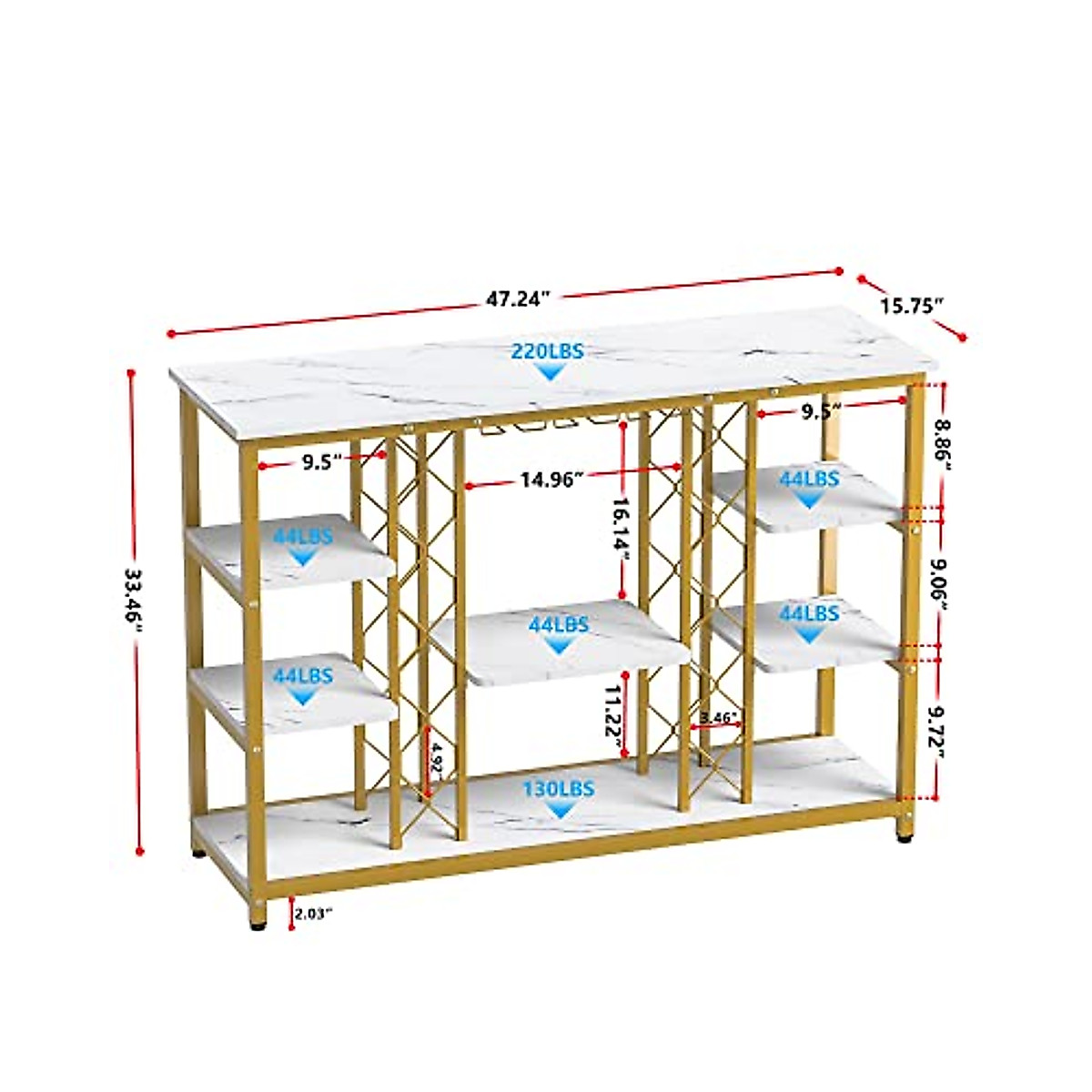Teraves Modern Wine Rack Table, 47 Inch Wine Baker's Rack with Storage Shelves, 4 Tier Freestanding Wine Rack for Bar, Buffet, Home Kitchen Dining Room Living Room (White Marbling+ Gold Frame)