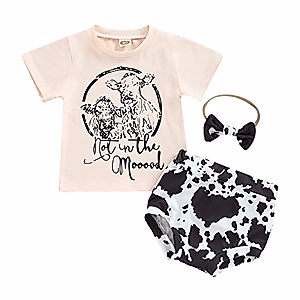 TheFound Summer Toddler Girls Clothes Short Sleeve Bull Print Tops Elastic Waist Short Headband Casual Cute Outfits (Beige, 12-18 Months)