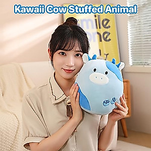 SQEQE Cow Plush Toy Cute Blueberry Cow Stuffed Animals Soft Pillow Plushies Kawaii Cow Plushie Food Plush Gift for Girls Kids Decor(Blue 10 inch)