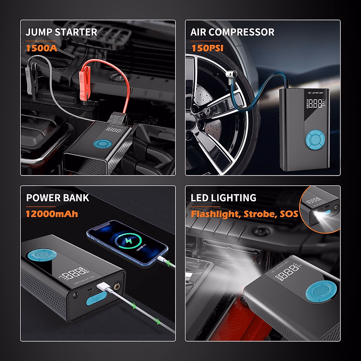 Jump Starter with Air Compressor, 1500A Potable Battery Booster with 150PSI Digital Auto Tire Inflator, 12V Car Battery Charger with USB Quick Charge 3.0(Up 7.0L Gas/4.0L Diesel Engine)